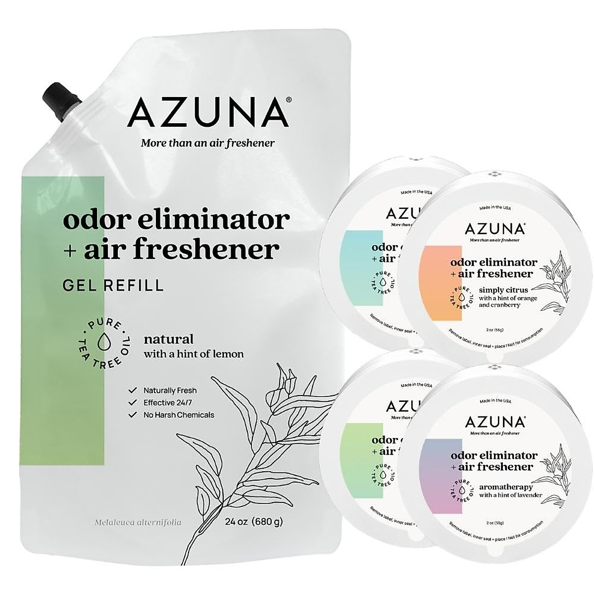Azuna All-Natural Odor Remover Gel, Whole-Home Kit | Tea Tree Oil | Plant-Based & Long Lasting | For Pet Odors, Smoke & Strong Odors | Variety Pack