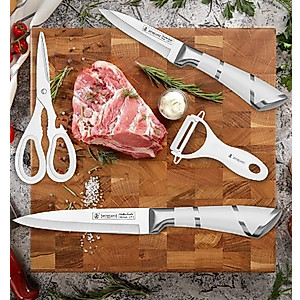 9Pcs White Kitchen Knife Set, DUFEIMOY Chef Knife Set Professional, Stainless Steel Knife Block Set with Scissors, Peeler and Knife Sharpener Rod for Cooking Meat Cutting