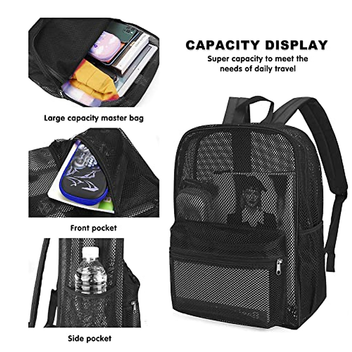 MCWTH Heavy Duty Mesh Backpack, See Through College Student Mesh Bookbag (Black)