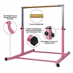 Pro-Gymnastics Expandable Kip Bar Adjustable Height for Gymnastics 3 to 5 FT Gymnastics Bar, with 6 FT x 4 FT Tumble Mat, Horizontal Junior Training Bar Cushioned Bar & Curved Legs (Pink)