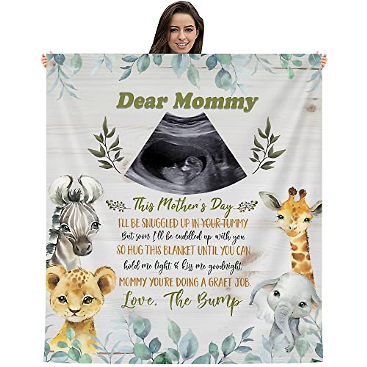 Personalized Ultrasound Photo Baby Blanket, Dear Mommy Safari Animals Blankets, Mothers Day Birthday Gifts For Mom, Mother, First Time Mom, Unique Gift For Wife From Husband, Custom Sonogram Picture