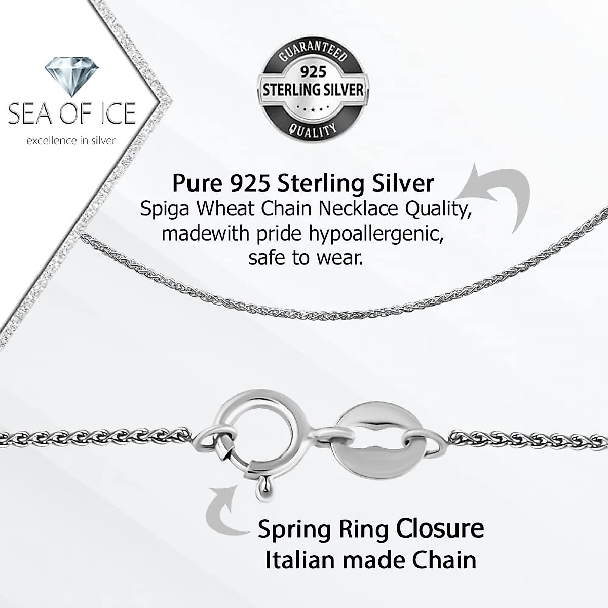 SEA OF ICE Italian Spiga Wheat Chain Necklace – Silver Chain Necklace for Women and Men – 925 Sterling Silver Spring Ring Locked Jewelry Chain – Multisize Silver Chain Unisex