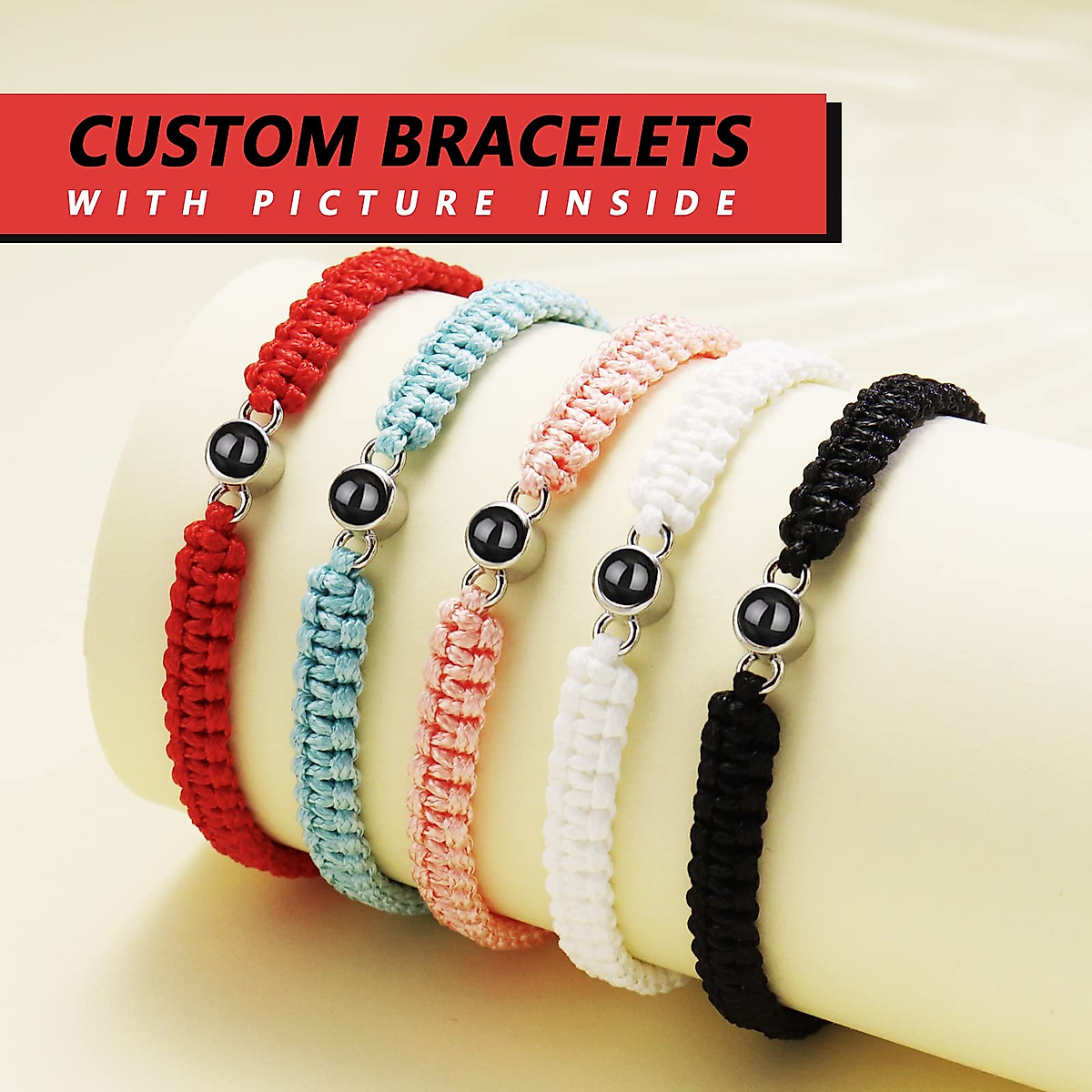 ChiCoko Personalized Bracelet, Projection Bracelet with Picture Inside, Customized Stone Bracelet for Mothers Day Birthday Anniversary Memorial Gifts (X4-2Pack-Black)