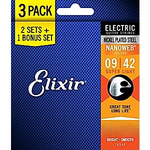 Elixir® Strings 16540 Electric Guitar Strings with NANOWEB® Coating, 3 Pack, Super Light (.009-.042)
