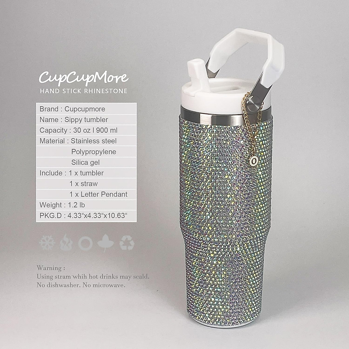 Cupcupmore Bling Mermaid Rhinestone Stainless Steel Tumbler 30oz Vacuum Insulated Water Bottle with Flip Straw & Lid &Handle, Leakproof Thermos Keeps Cold 12 Hours for Home, Office, Car, Gym, Travel