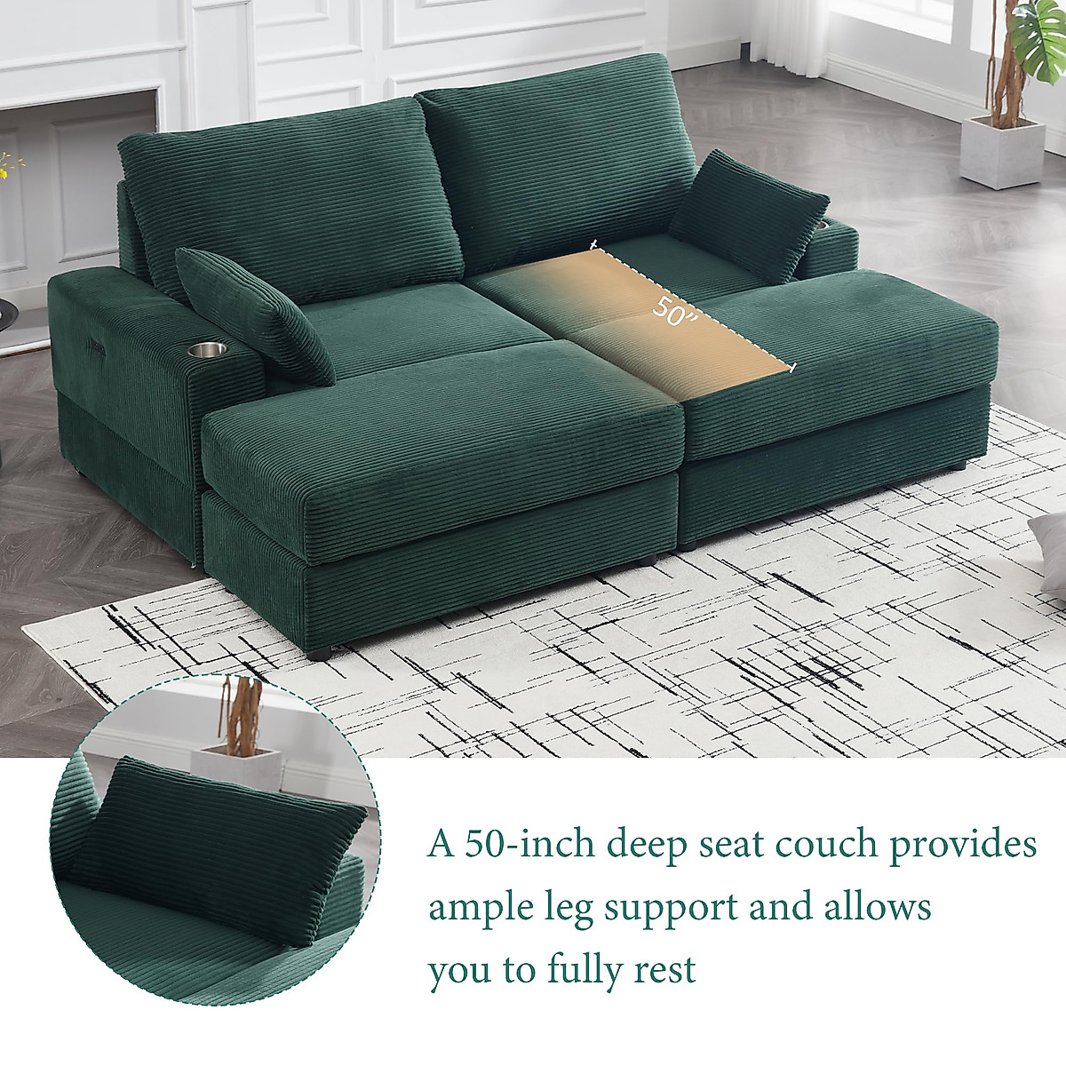 Tmsan 82.7" Oversized Deep Seat Loveseat with Ottomans, Corduroy Double Chaise Sleeper Sofa, Modular Sectional Cloud Couch with Cup Holders & USB Ports for Living Room Apartment Office (Green)
