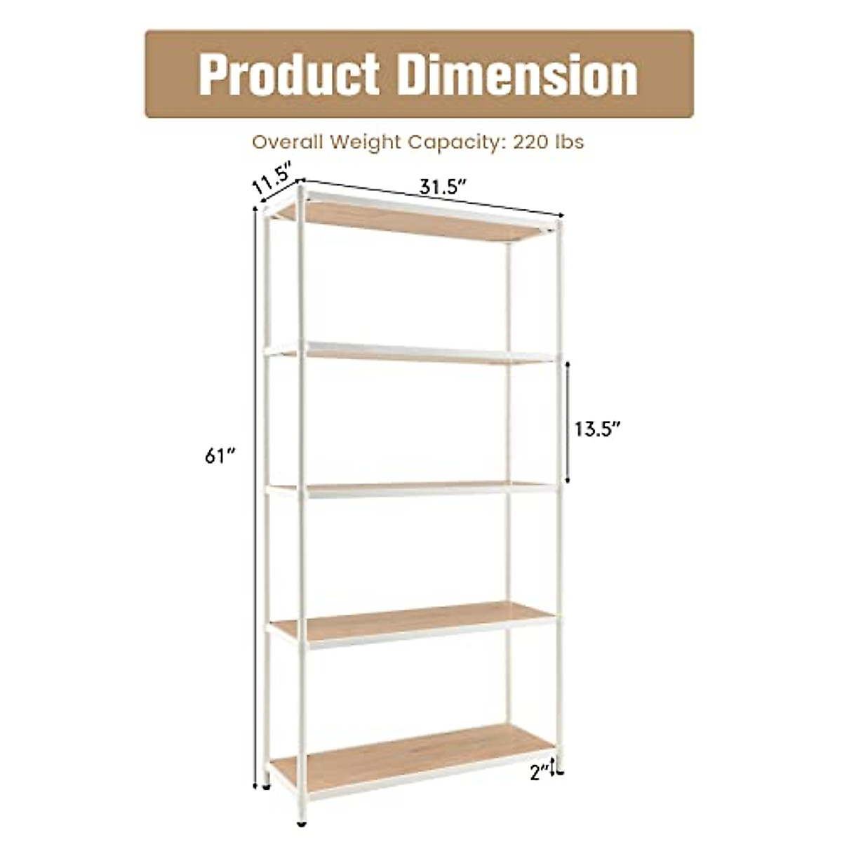 Giantex 5-Tier Industrial Bookshelf White - 61" Tall Open Display Shelving Rack with Anti-toppling Device, Adjustable Feet, Freestanding Storage Shelf for Living Room, Kitchen, Office, Bedroom