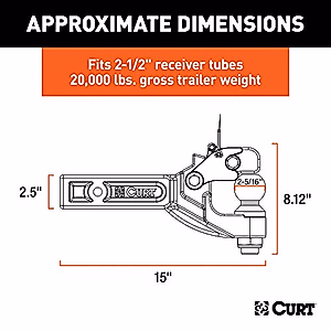CURT 48012 Pintle Hitch with 2-5/16-Inch Trailer Ball, Fits 2-1/2-Inch Receiver, 20,000 lbs, 15-Inch Length