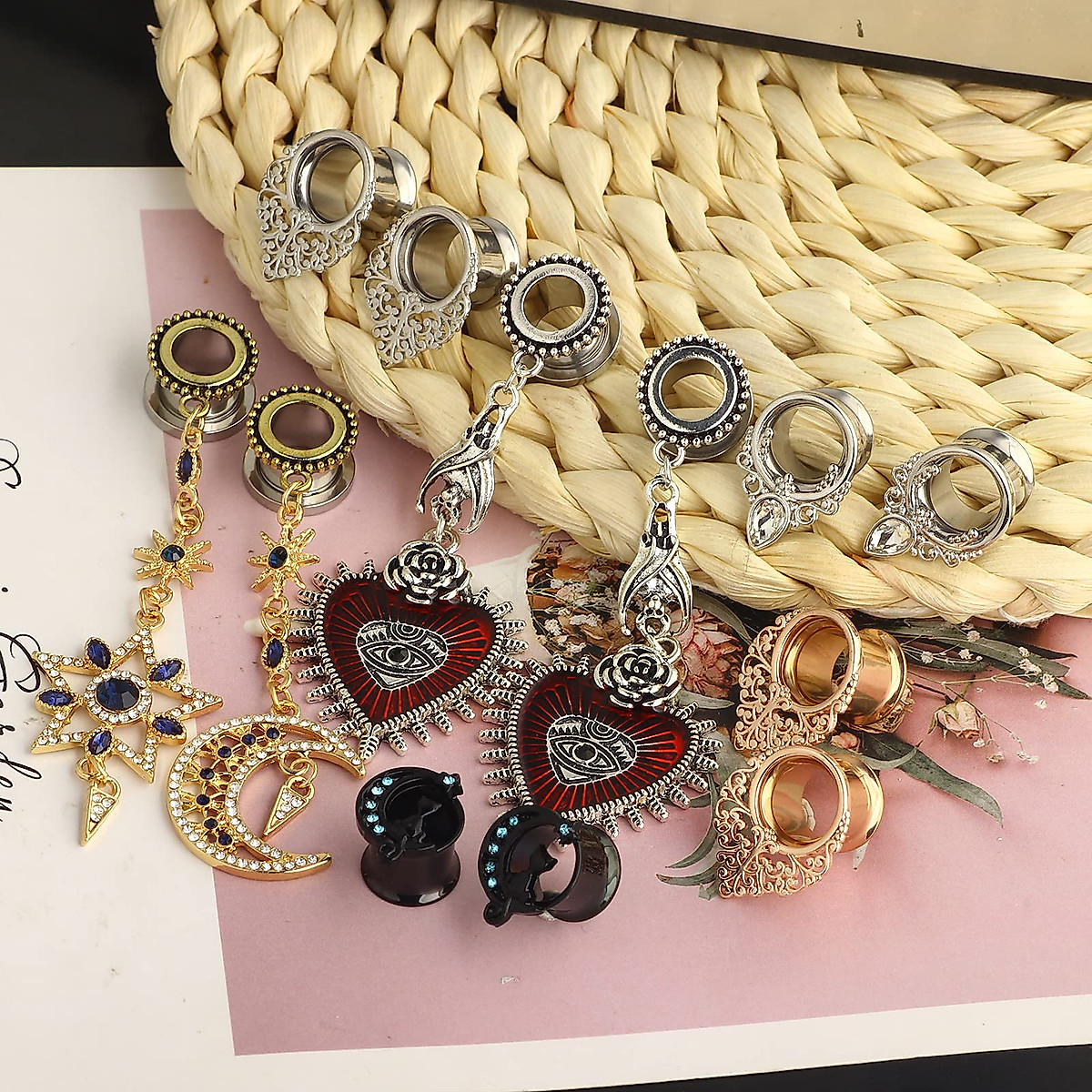 TIANCI FBYJS 6 Pairs Fashion Dangle Gauges for Ears Double Flared Ear Tunnels Plugs Body Piercing Stretchers Earrings 2g 00g Women Men 6mm