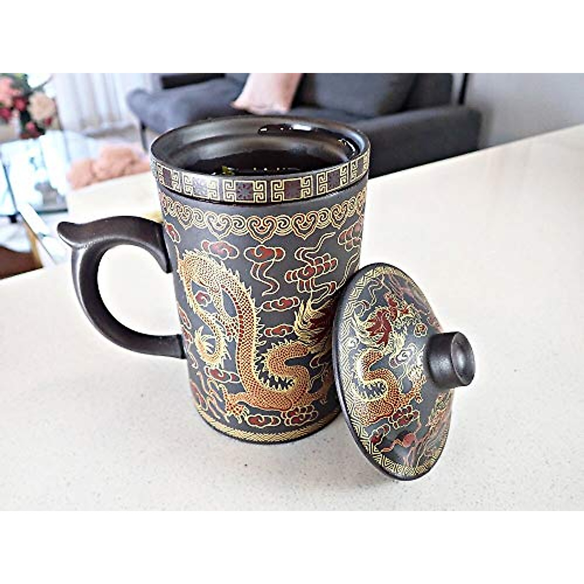 25DOL Chinese Tea Mug with Infuser and Lid 10Oz | Chinese Yixing Purple Clay Coffee Mug | Chinese Mug with Lid | Chinese Dragon Mug | Chinese Tea Infuser Mug | Travel Mug | Retain Heat very well
