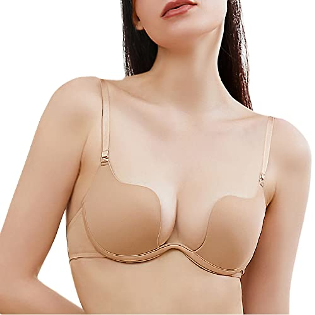 Ruzishun Women's Deep U Multi-Way Push Up Convertible Low Cut Plunge Bra Everyday Bras(Nude,40C)