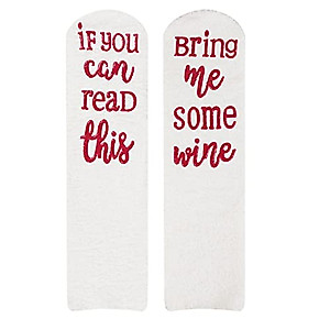 If You Can Read This Bring Me Some Wine Socks Wine Gifts for Women Girls Funny Novelty Fuzzy Socks Christmas Stocking Stuffer Slipper Socks Non Slip Home Hospital Socks, Blue