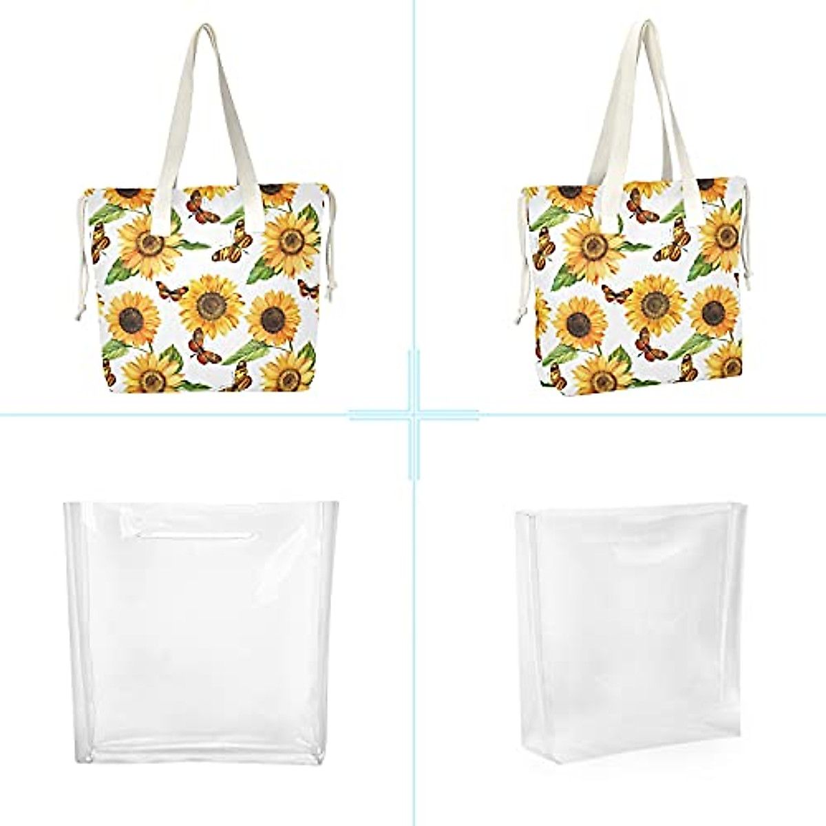 Sunflower Butterfly Clear Tote Bag, Women Shoulder Bag Double Transparent Bags Handbag for Work, School, Shopping, Travel, Beach （21160099）