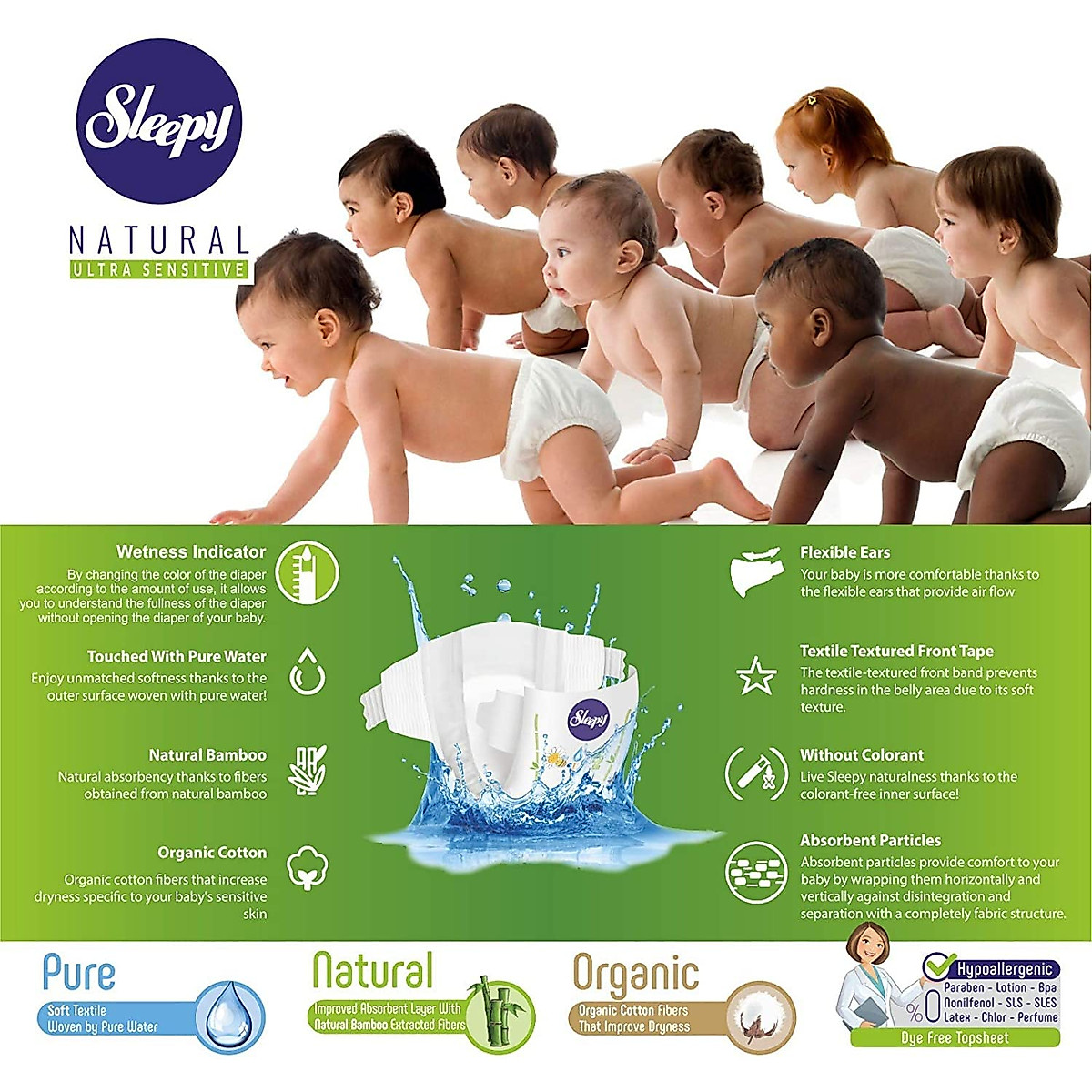 SOHO | Sleepy Natural Baby Diapers, Made from Organic Cotton and Bamboo Extract, Ultimate Comfort and Dryness, Disposable Diapers (Size 7 | 16 Count | Child Weight 44-66 lbs)