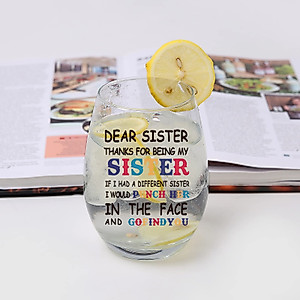 Jogskeor Thanks for Being My Sister Stemless Wine Glass 15oz, Sister Gift Friend Gifts for Birthday, Valentines, Christmas