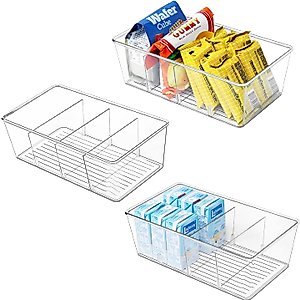 wilfox Pantry Organization, 3 Pack Clear Organizer Bins with Removable Dividers for Pantry, Kitchen, Fridge, Cabinet, Stackable Storage Bins for Snack, Pouches, Spice Packets