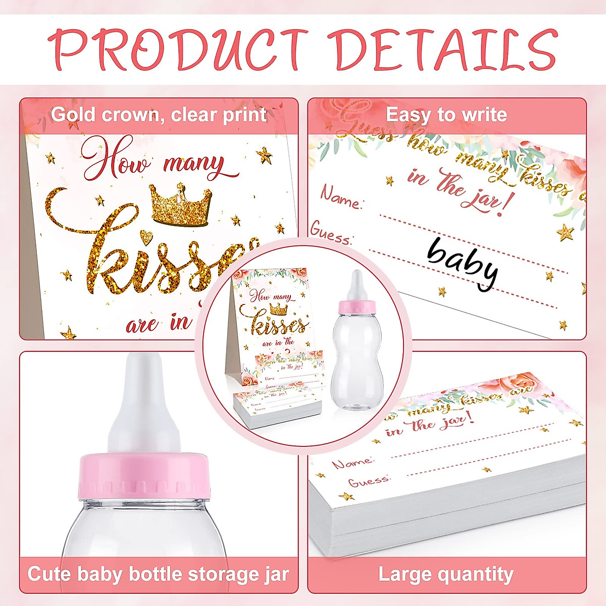 Fuutreo Guess How Many Baby Shower Game Sign with 50 Cards Floral Greenery Baby Shower Decorations with 2.76 x 2.76 x 8.27 Inch Baby Bottles for Girl Boy Party Games Favor Gift (Cute Style)