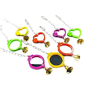 Hypeety Pet Bird Mirror with Bell Interactive Treat Puzzle Parrot Toy Bird Cage Mirror Small Bird Swing Chew Toys Fun Cage Accessories (Color Random) (Round Shape)