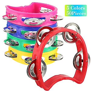 Yunsailing 50 Pieces Tambourine Bulk for Kids 4 Bells Percussion Hand Colored Noise Makers Tambourines Preschool Musical Instruments Set for Adults Toddler Kindergarten Church Christmas Party Favors