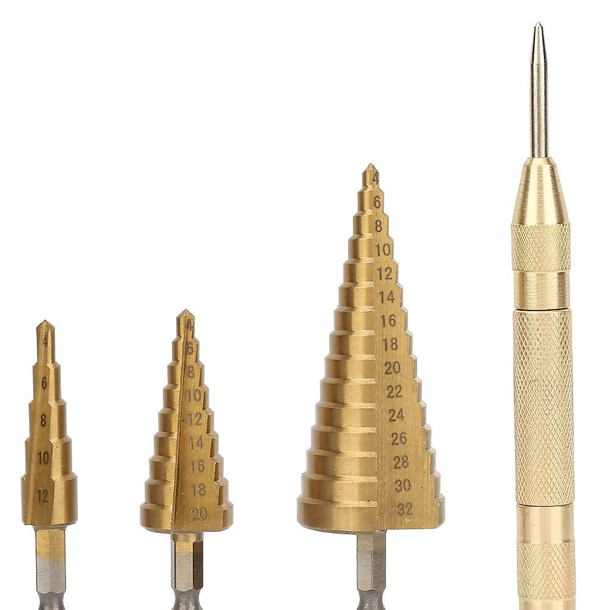 Drill Bits with Automatic Punch, 3pcs Step Drill Bits 4-12/4-20/4-32 with Hexagonal Handle, High Speed Steel and, Good Wear Resistance