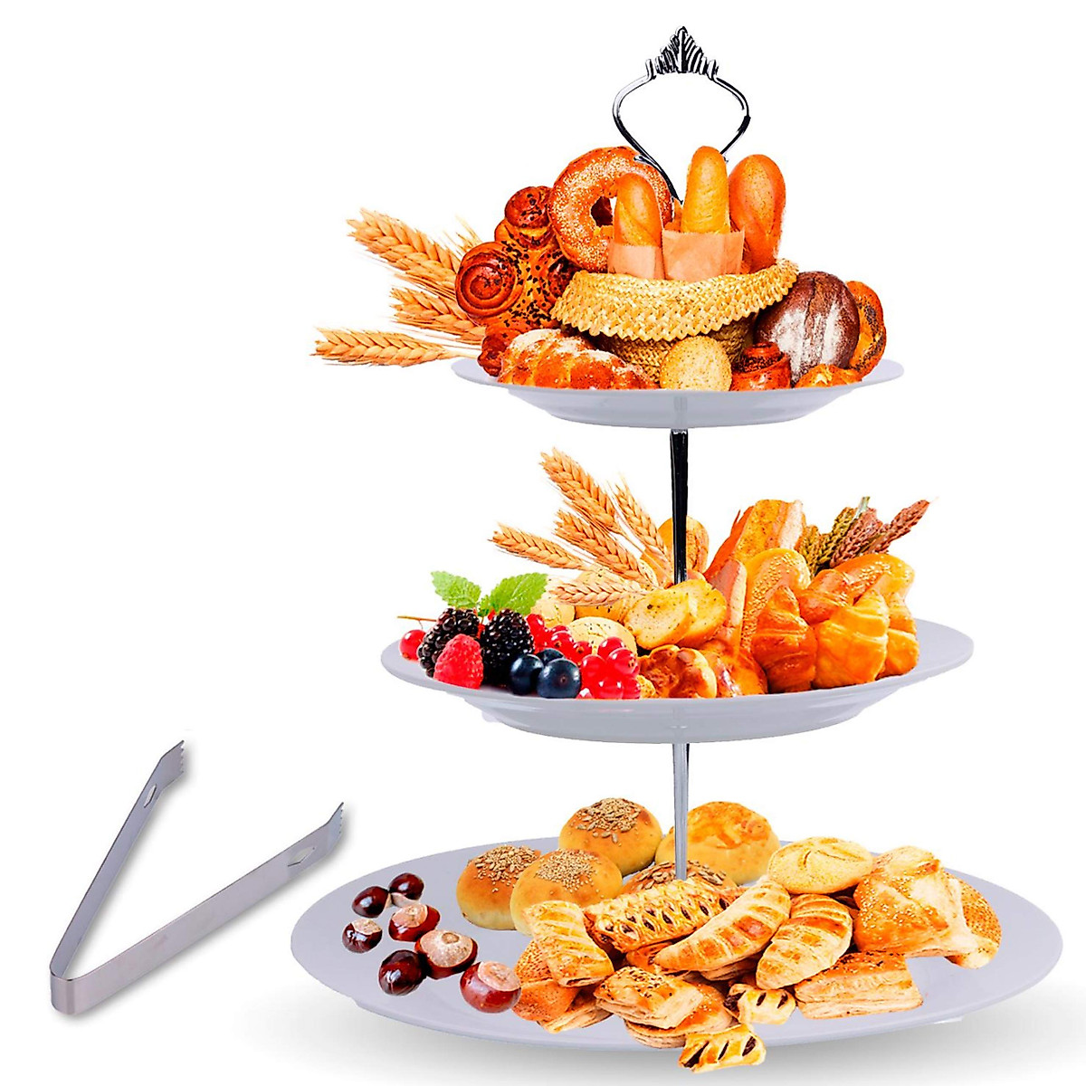 3 Tier Serving Tray Stand – Round Cupcake Dessert Party Platter with Bonus Serving Metal Tongs – Three Tiered Food Holder Display for Weddings, Tea Parties, Birthdays or Holiday Dinners