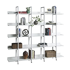 Noskatu Industrial Wide 5-Tier Bookshelf Wood and Metal Bookcase Rustic Vintage Style Bookshelves for Living Room Bedroom Home Office White