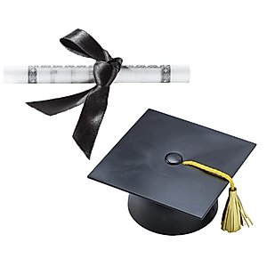 Plastic Graduation Cap Cake Topper with Large Paper Diploma Cake Topper (Black)