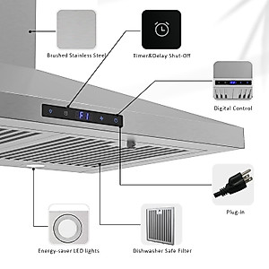 Range hood 30 Inch, Convertible Kitchen Wall Mount Range Hood in Stainless Steel with 500CFM, LED Lights, Stainless Steel Filters,Touch Control and Carbon Filters