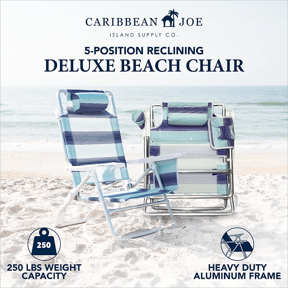 Caribbean Joe Folding Beach Chair, 5 Position Lightweight, Portable Reclining Outdoor Camping Chair with Headrest, Shoulder Strap, and Cup Holder, Horizon Stripe