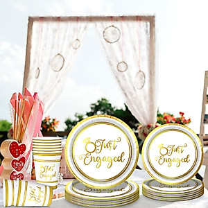 Engagement Party Decorations Set Serve 25,Just Engaged Plates and Cups Decorations,We’re Engaged Decorations,Happy Engagement Party Decorations,DZ Bridal Shower Wedding Party Decorations(Gold Foil)
