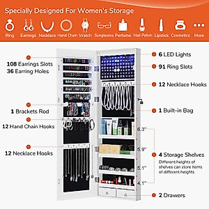 GISSAR Full Length Mirror Jewelry Cabinet, 6 LEDs Jewelry Armoire Wall Mounted Over The Door Hanging, Jewelry Organizer Storage with Lights Lockable, Bright White, 14.6" x 47.2"