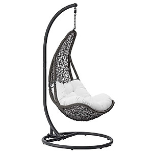 Modway Abate Wicker Rattan Outdoor Patio Porch Lounge Swing Chair Set with Stand in Gray White