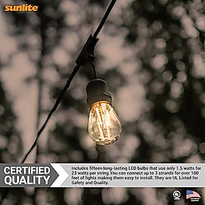 Sunlite 80572 48ft Outdoor String Lights, 1.5W Commercial Grade, Waterproof, Linkable Strands, UL Listed, 15 Hanging Sockets, Shatterproof LED Edison Bulbs Included, 2700K Warm White