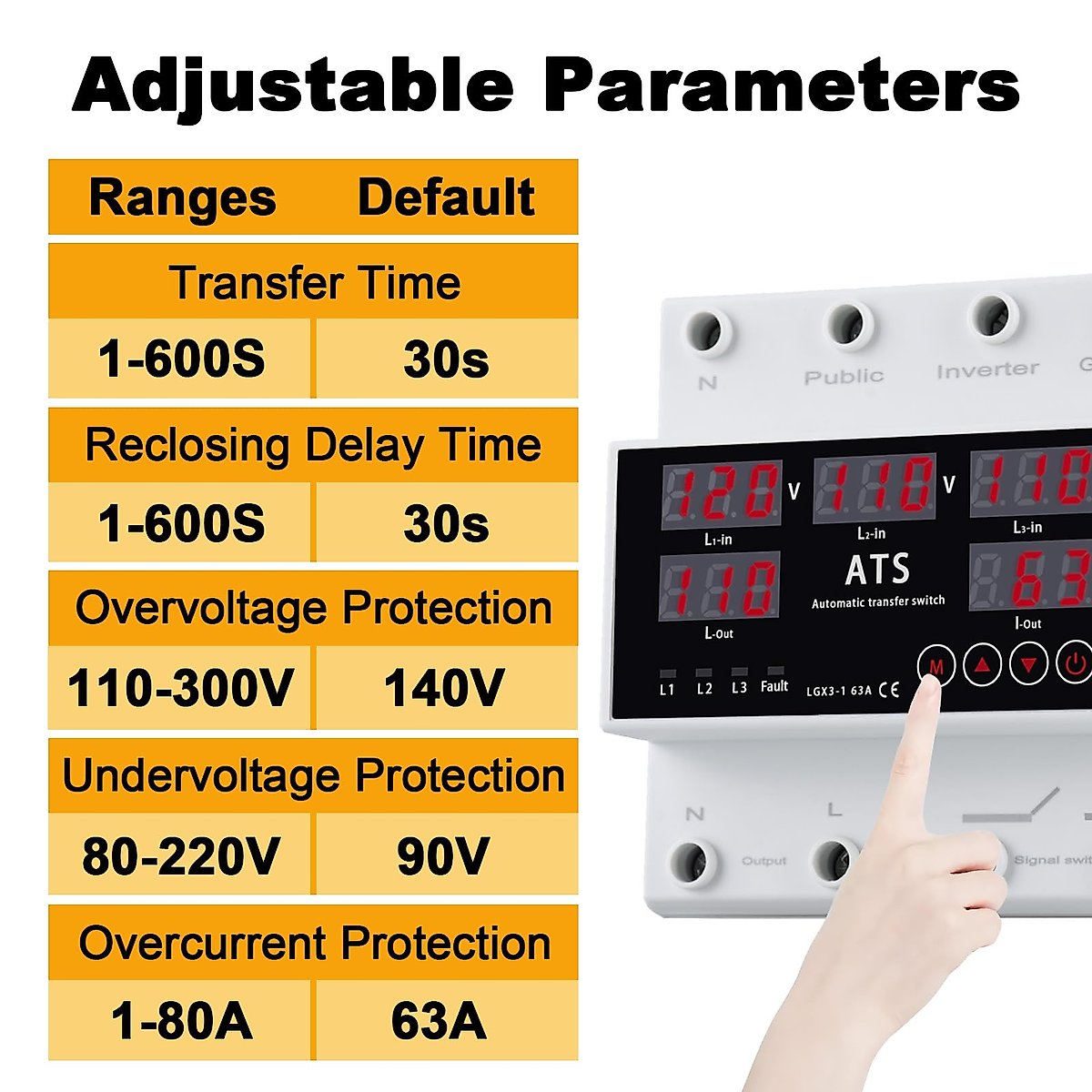 Automatic Transfer Switch,Automatic Switching Between Utility Power、Generator and Inverter,Overcurrent Protection,Overvoltage and undervoltage Protection,63A