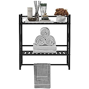 TZAMLI 2-Tier Towel Rack Wall Mounted Bathroom Shelves with Towel Bar, Floating Shelves Over Toilet, Metal Storage Shelf Shower Organizer, Black