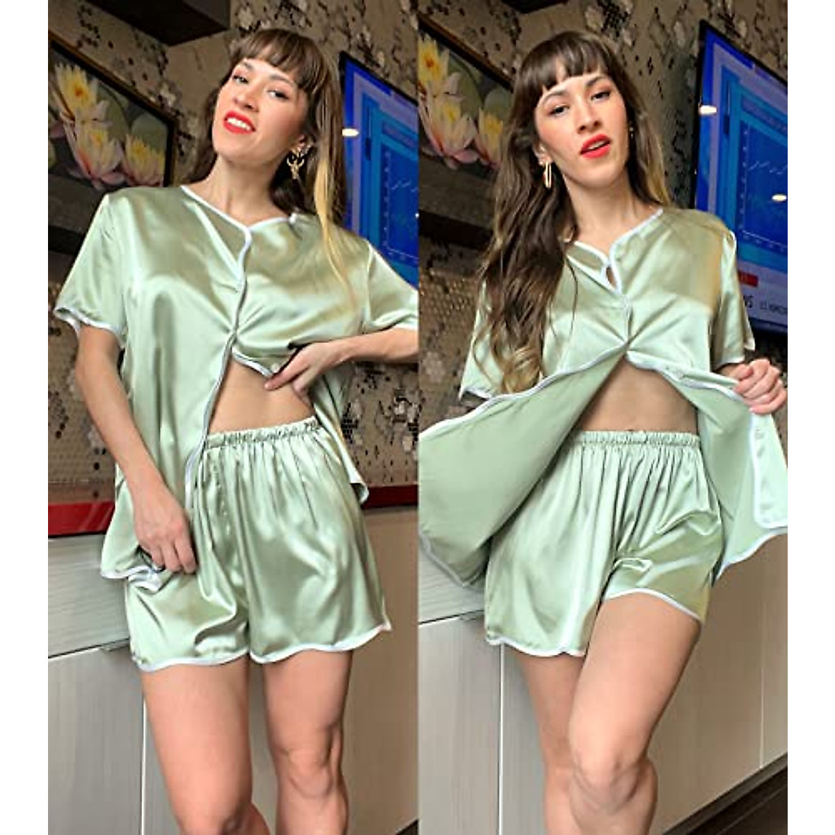 eshion Satin Pajamas for Teen Girls Satin Pajama Shorts Set Notch Collar Pjs Summer Silk Loungewear (Aqua Green,L)