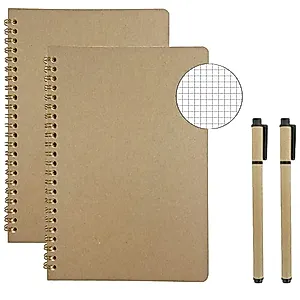 AOU Graph Paper Spiral Notebook, A5 Grid Journal with Thick Paper, 2-Pack, 8.3" x 5.7", 50 sheets/100 pages, Hard Cover Graph Ruled Notepads for School&Office, with 2 Pens (Brown)
