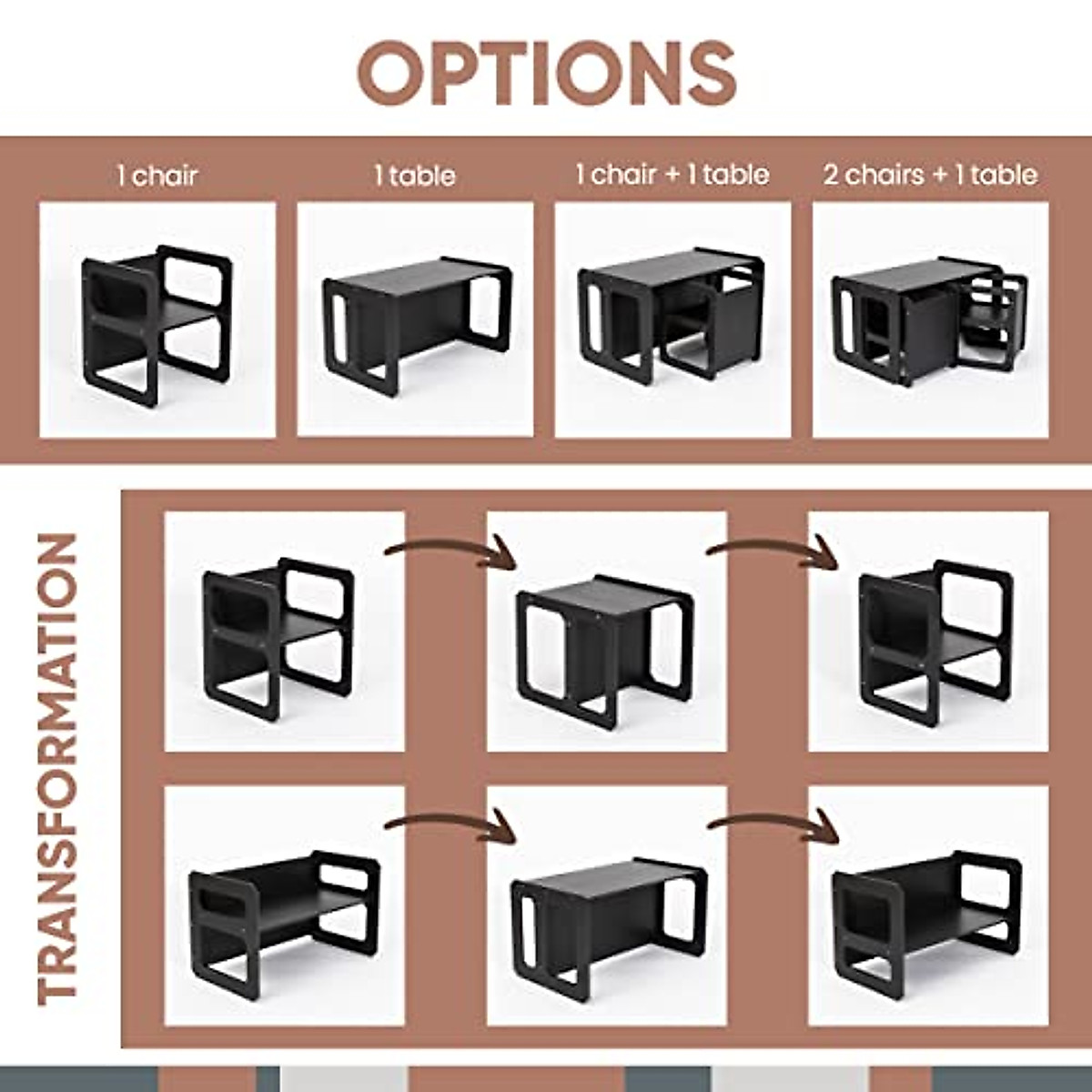 Sweet Home from wood Montessori Wooden Kids Play Table Set, Toddler Table Set or Preschool Learning Table or Chair, Weaning Table, Kids Play Table (Black Color Set 1 Table and 2 Chair)