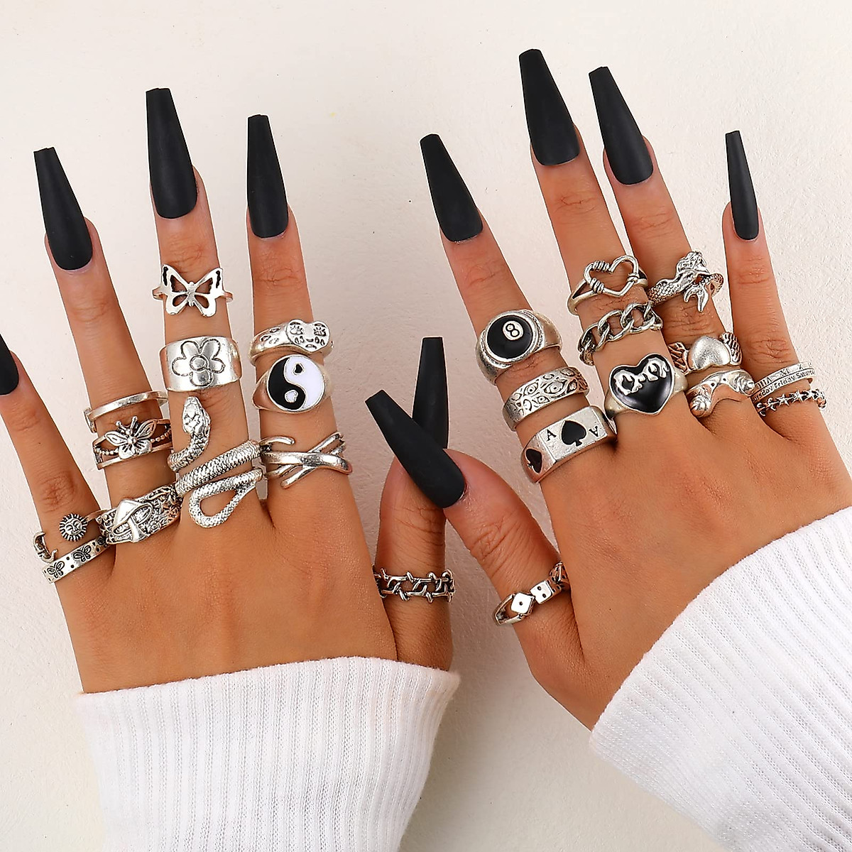 Vintage Silver Open Punk Rings for Men Women, 24PCS Adjustable Rings, Alt Rings, Chunky Silver Rings, Bulky Rings, Hippie Rings ,Cool Gothic Ring,Statement Stacking Ring, Skull Snake Star Flower Heart