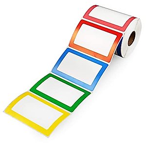 LotFancy Name Tag Stickers, 500pc Plain Labels , 1 Roll, 5 Colors, 3.5" x 2.25" , Adhesive Tags with Perforated Line for School Office Home