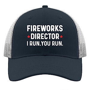 BEIXBE Fireworks Director I Run You Run Trucker Hat Women Vintage Mesh Baseball Cap for Summer Marine Blue