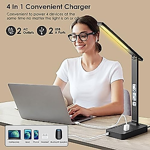 LED Foldable Desk Lamp with 2 USB Charging Port & 2 AC Power Outlets, 5 Color& 5 Brightness.Touch Control Dimmable Office/Home Timer Table Lamps with Clock, Alarm, Date, Temperature, Night light.