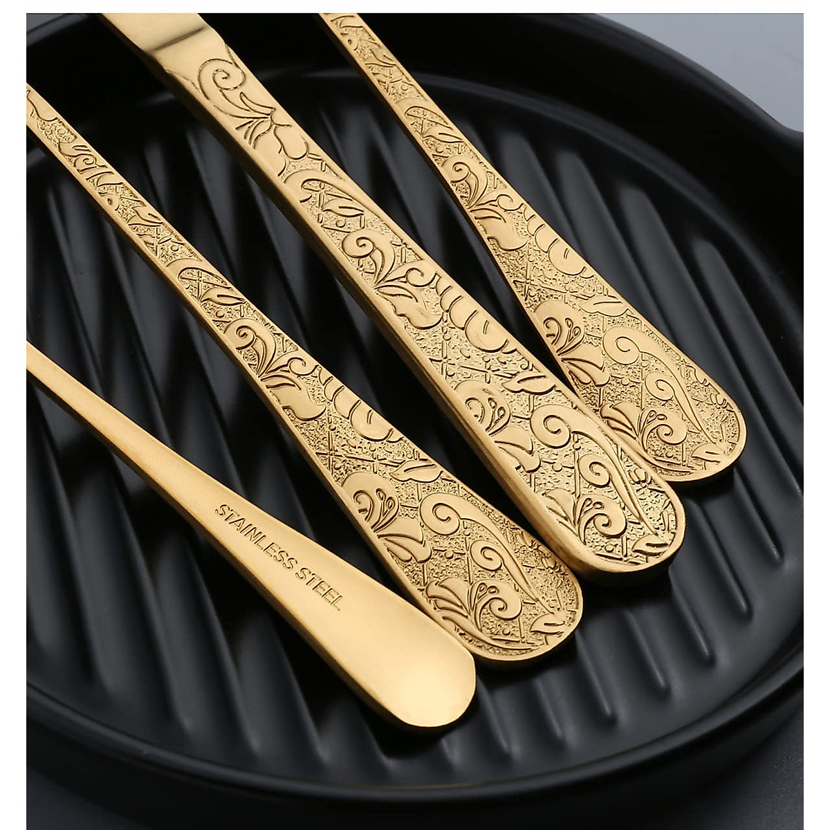 IKXO 35 pcs Stainless Steel Silverware Set Service for 7, Modern Sleek Flatware Set, Include Knife Fork Spoon Long Teaspoon Salad Fork Mirror-Polished Dishwasher Safe carved Cutlery