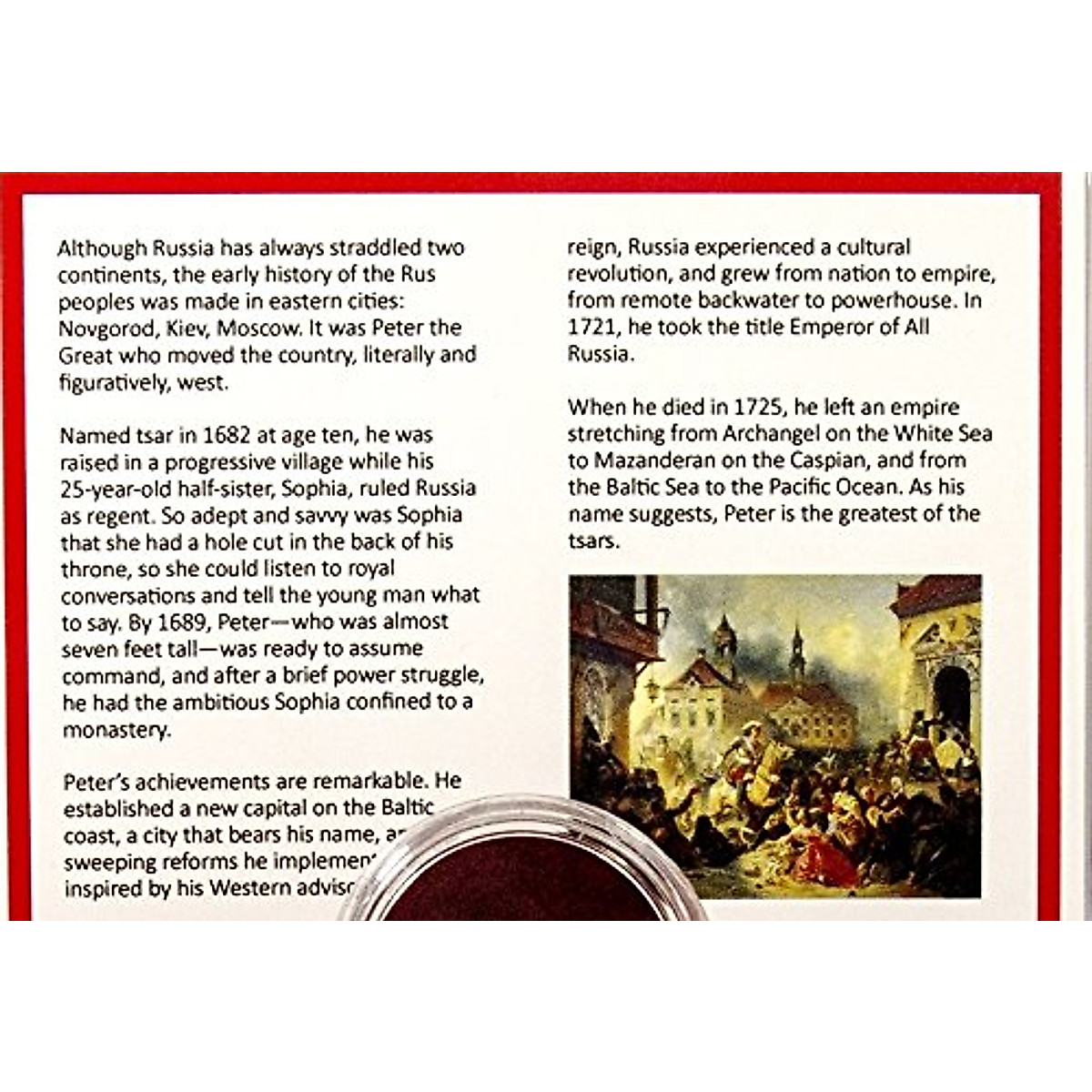 1662 RU Russian Silver Wire Money Of Peter The Great Kopek Coin in Clear Box and Story-Certificate.1662-1725 Story-Certificate.1662-1725 12mm Very Good