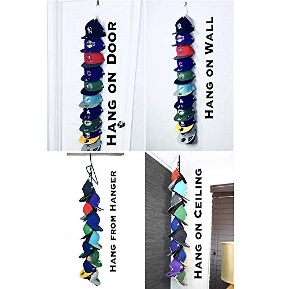 The Clip Hanger Hat Hats Baseball Cap Caps Rack Organizer Organizers 20 Hats Any Size Style Shape! Door Wall Closet Organize Anything. Hanging on Hanger or Hang from Ceiling