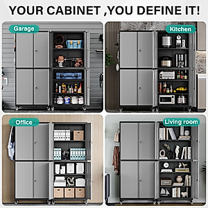 SISESOL Metal Storage Cabinet with Wheels,Rolling Garage Storage Cabinet with Lock,Gray Metal Cabinet with Shelves,Tool Cabinet,Tall Storage Cabinet on Wheels for Garage,Home,Office,Shop