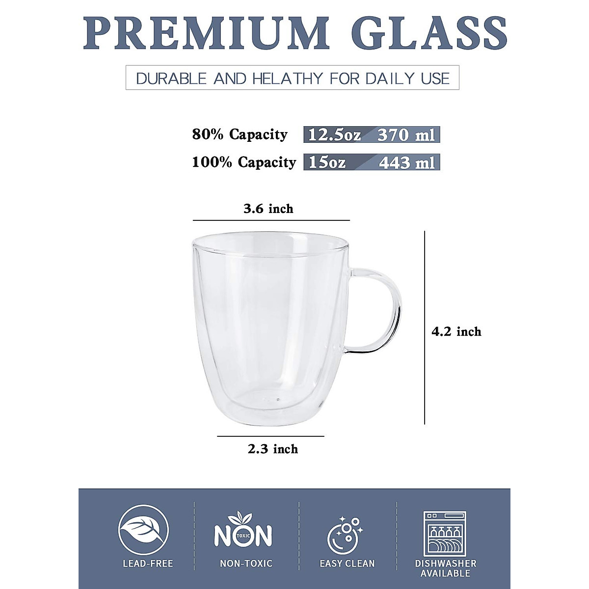 Kanwone Glass Coffee Mugs - 12.5 Ounce Double Wall Insulated Mug Set with Handle, Clear Coffee Mugs, Perfect for Latte, Americano, Cappuccinos, Tea Bag, Beverage, Set of 4