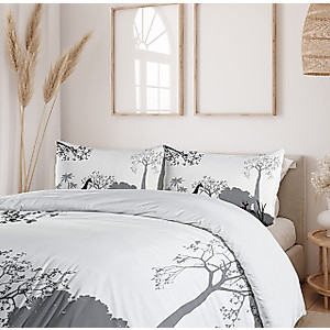 Ambesonne Savannah Duvet Cover Set, Grayscale Silhouette of Savannah Giraffe Deer and Trees Wild Region Theme Africa, Decorative 3 Piece Bedding Set with 2 Pillow Shams, Queen Size, White Grey