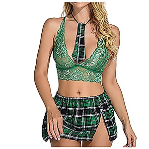 School Girl Lingerie for Women Sexy Roleplay Student Costumes Outfits Bra and Panty Set with Tie and Mini Plaid Skirt 4 Piece