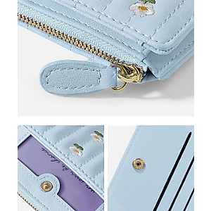 MEISEE Small Wallet for Girls Women Tri-folded Wallet Cash Pocket Card Holder Coin Purse with ID Window elegant youthful and cute- -flowers-blue